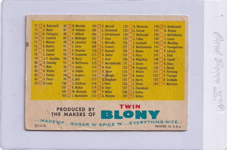 1957 Topps Football Set-Break Twin Blony Checklist Twin Blony Back ...