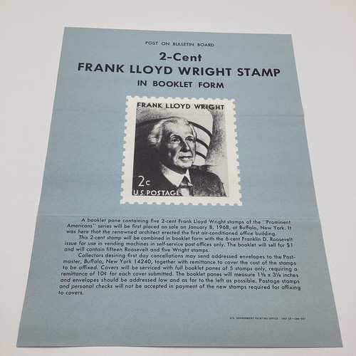 1967 2¢ Frank Lloyd Wright Commemorative Postage Stamp Booklets FDC ...