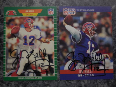 2 jim kelly signed cards 1 1989 pro set card 22/ 1 1990 pro set card 40 ...