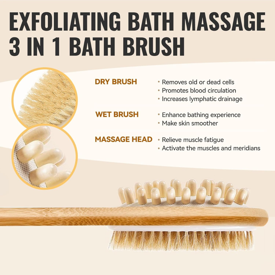 Bath Brush Back Scrubber Long Handle Body Brush Natural Bristle ...