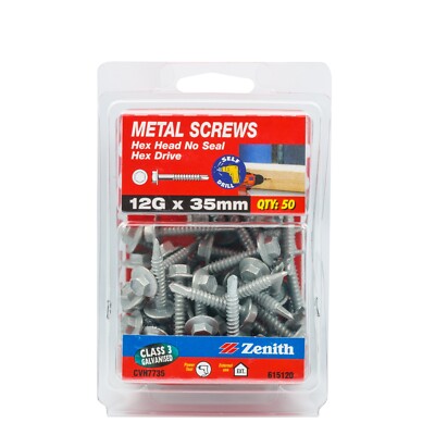 Zenith 12G x 35mm Galvanised Hex Head Metal Screws - 50 Pack Fasteners ...