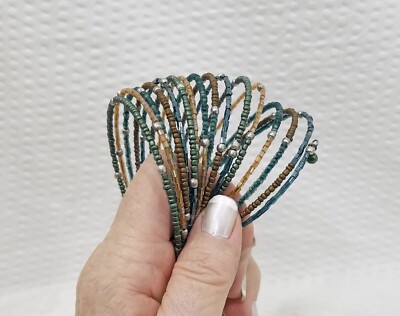 Vintage Boho Teal & Latte Bugle Seed Bead Memory Wire Stackable Wrap ...