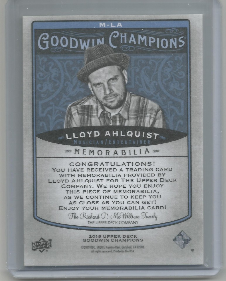 EpicLLOYD AHLQUIST 2019 Upper Deck Champions Memorabilia Relic Epic Rap ...