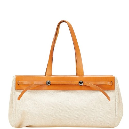 HERMES Ale Bag Cabas GM Handbag Tote Bag Beige Brown Toilet Ash Leather ...