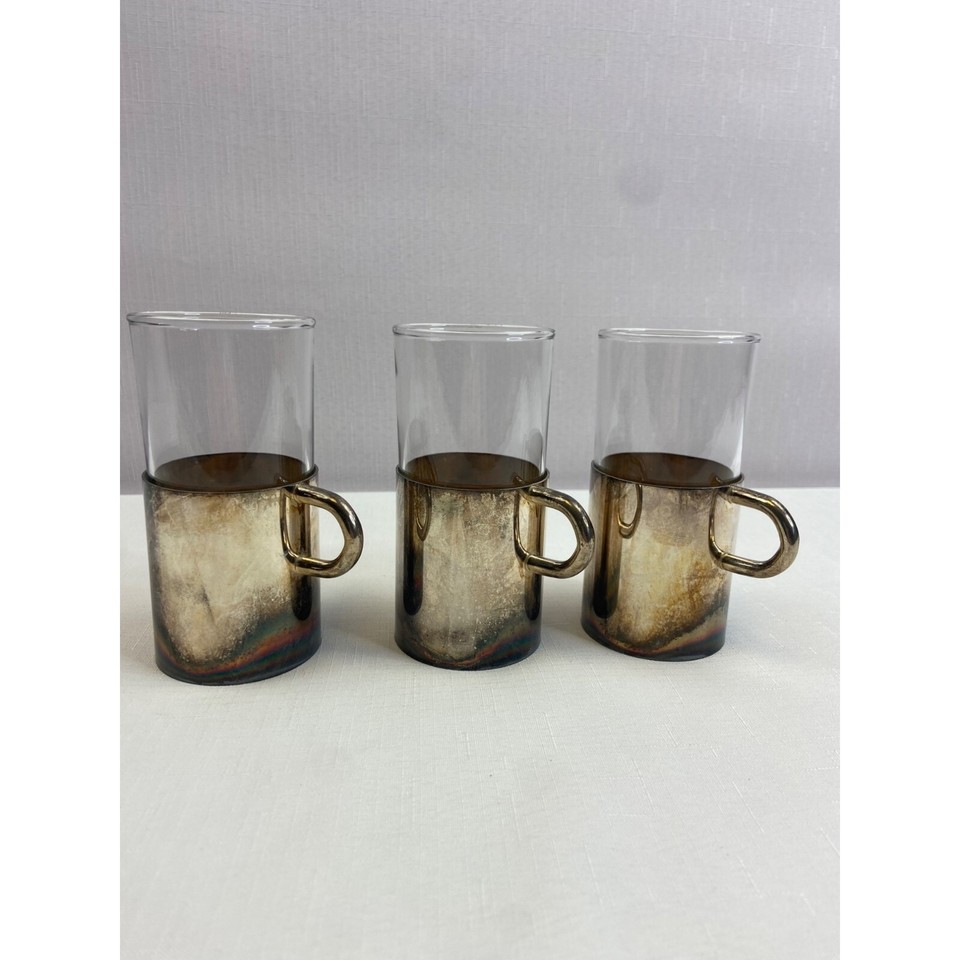 Vintage Mid Century Modern Glass Coffee Mugs Set of 3 with Metal ...