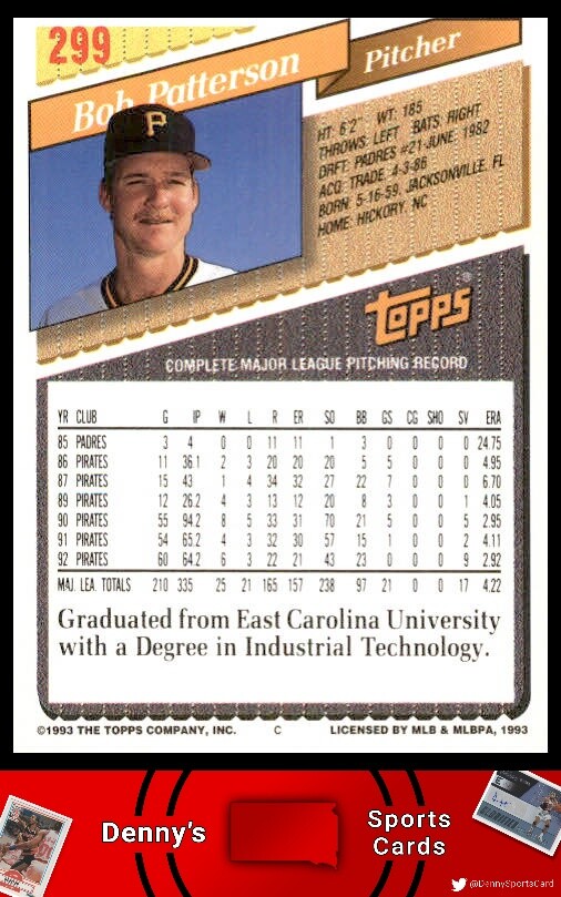 1993 Topps #299 Bob Patterson Pittsburgh Pirates Baseball Card | eBay
