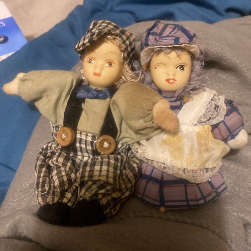 2 Pc Vintage Miniature GIRL & BOY DOLLS Porcelain Heads w/Sand Bodies ...