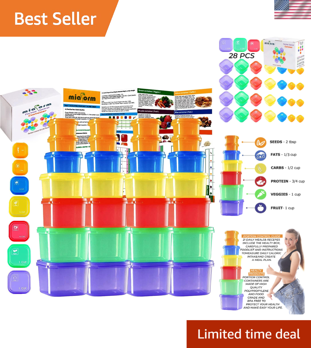 Color-Coded 28-Piece Food Portion Containers with 21-Day Diet Guide ...