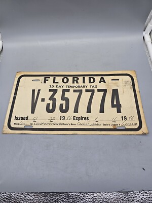 Florida Temporary License Tag Plate 1986 Carlisle Motors V-357774 | eBay