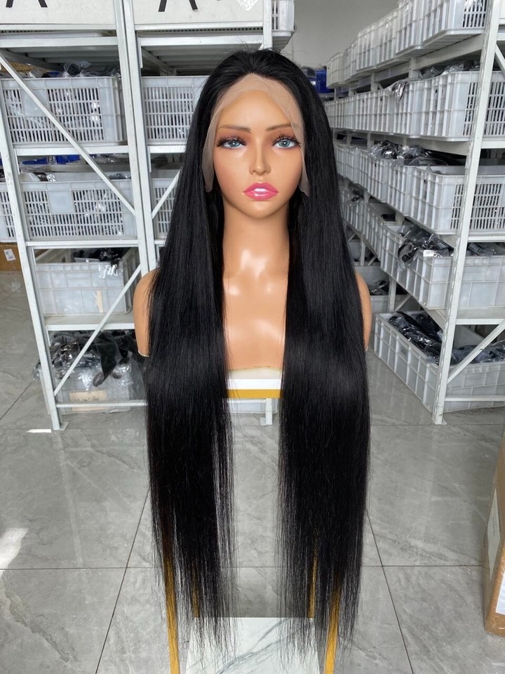Long Hair 40" Straight 1# 5 bundles Transparent lace front Wig Human ...