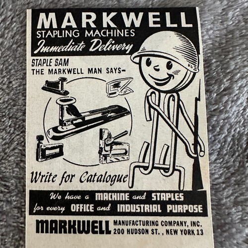 Markwell Stapling Machines Staple Sam Cartoon Art WWII Era Print Ad ...