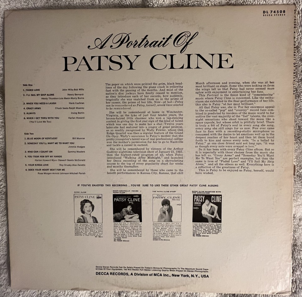 PATSY CLINE A Portrait Of Patsy Cline Decca Records DL 74508 Vinyl 33 ...