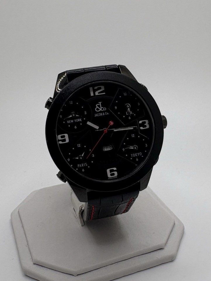 Jacob And Co 5 Time Zone Black Watch with Red Accents | eBay