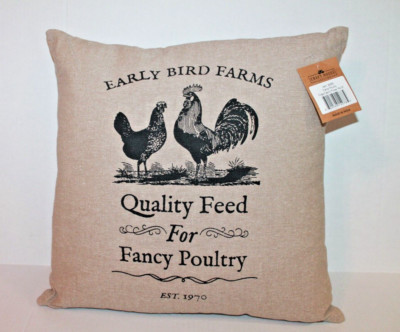Early Bird Farm Feed Chicken & Rooster Fancy Poultry Throw Pillow 16" x ...