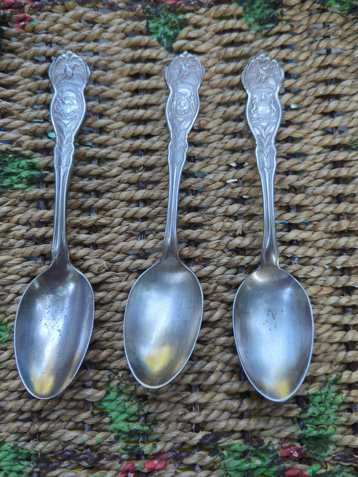 3 WM Rogers & Son EAGLE Topped State Souvenir Spoons AA: WI MI, IS: IL ...