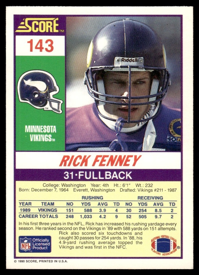1990 Score Rick Fenney Minnesota Vikings #143 | eBay