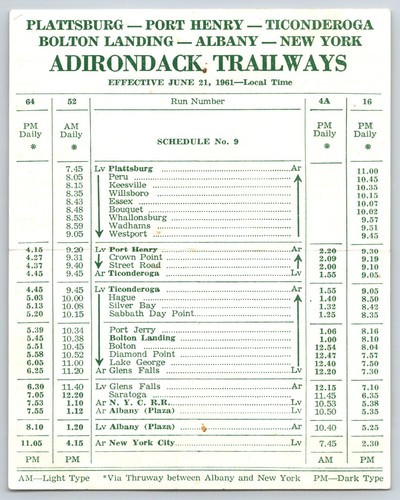 Adirondack, Trailways 1961 Bus Route Time Table Sheet | eBay