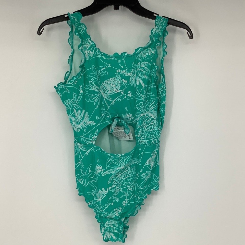 Volcom Girls 16 Aqua Island Hop One Piece Swimsuit Cutout Tropical ...
