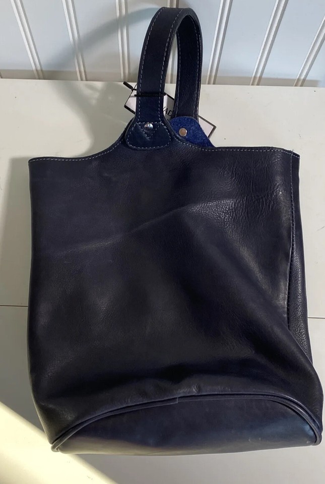 Navy Blue Leather FH WADSWORTH NYC Tote Wine Bag Embossed Merrill Bank ...