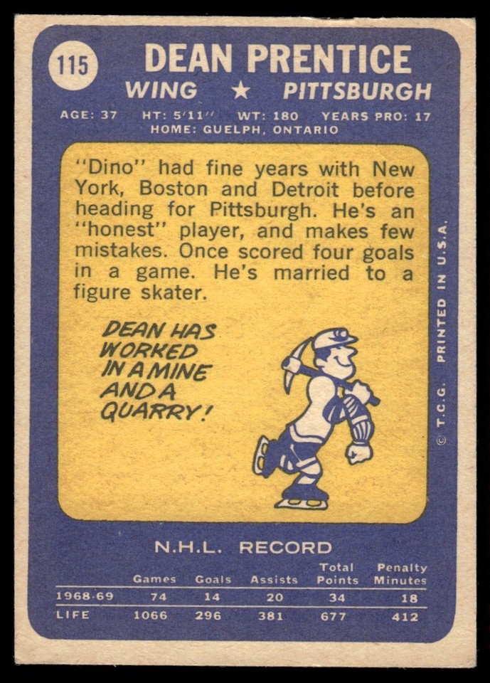 1969-70 Topps Dean Prentice Pittsburgh Penguins #115 | eBay