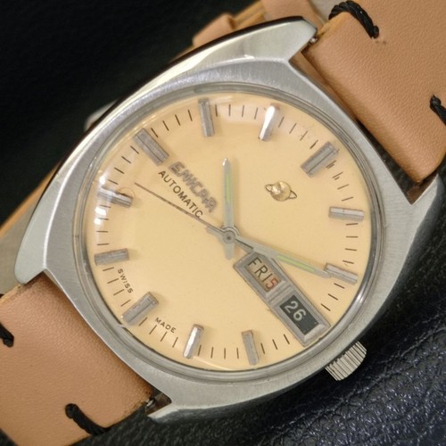 ENICAR AUTOMATIC 167 SWISS MENS DAY&DATE BEIGE COLOR DIAL WATCH a432795 ...