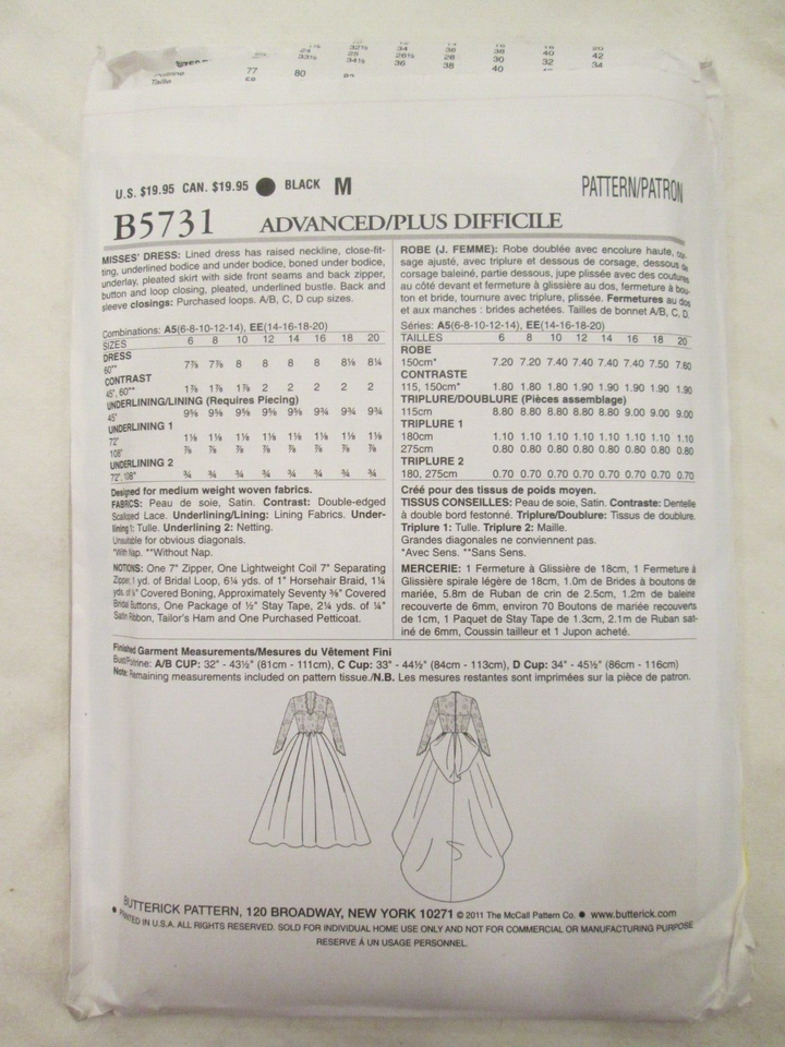 Butterick 5731 Royal Princess Wedding Dress Pattern 14-20 Bridal Gown ...