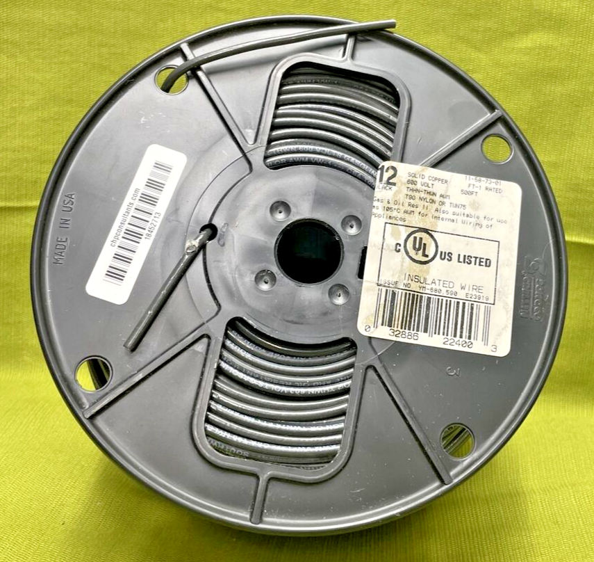 12 Black, Solid Copper Wire @500', THHN/THWN AWN, 600 Volt T90 Nylon or ...