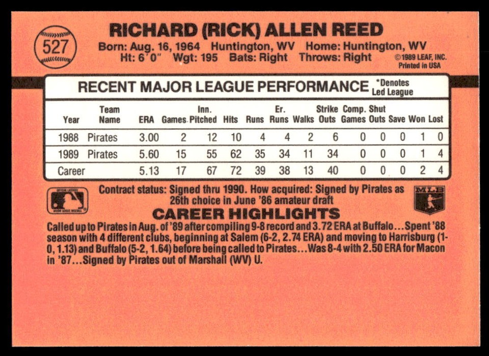 1990 Donruss 527 Rick Reed Rookie Pittsburgh Pirates Baseball Card | eBay