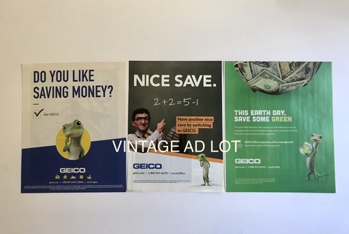 GEICO Insurance PRINT AD LOT Gecko Character Photo 3 Ads Vintage | eBay