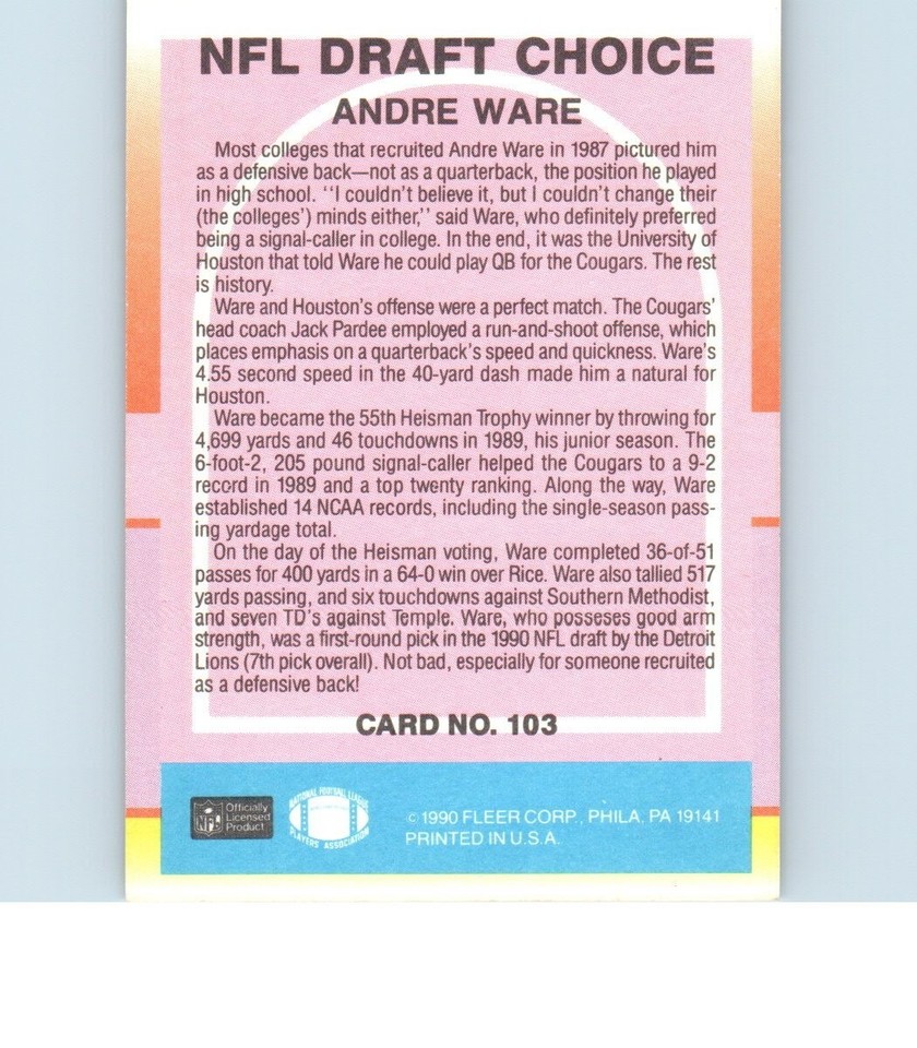 NFL Draft Andre Ware 103 1990 Pro Set NFL Football Trading Card | eBay