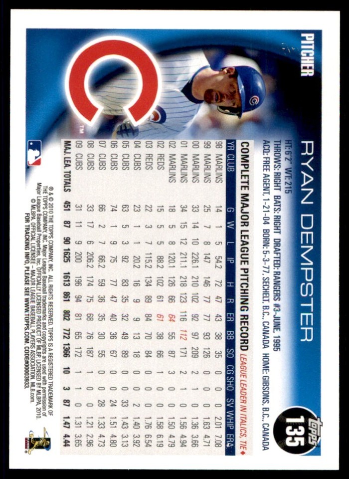2010 TOPPS #135 RYAN DEMPSTER CHICAGO CUBS | eBay