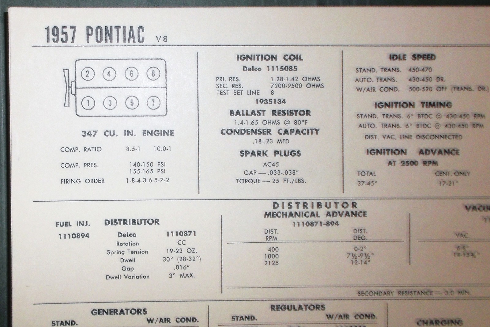 1957 Pontiac 347 CI V8 SUN Electric Corp Tune Up Chart Excellent ...