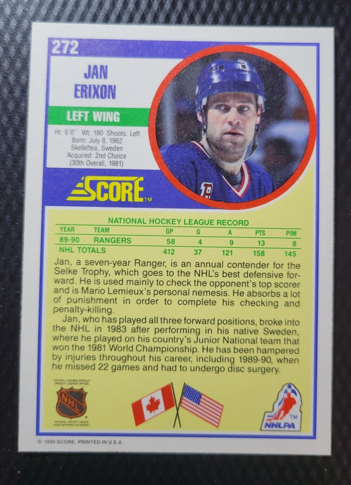 1990-91 Score American JAN ERIXON New York Rangers Hockey NHL Card #272 ...