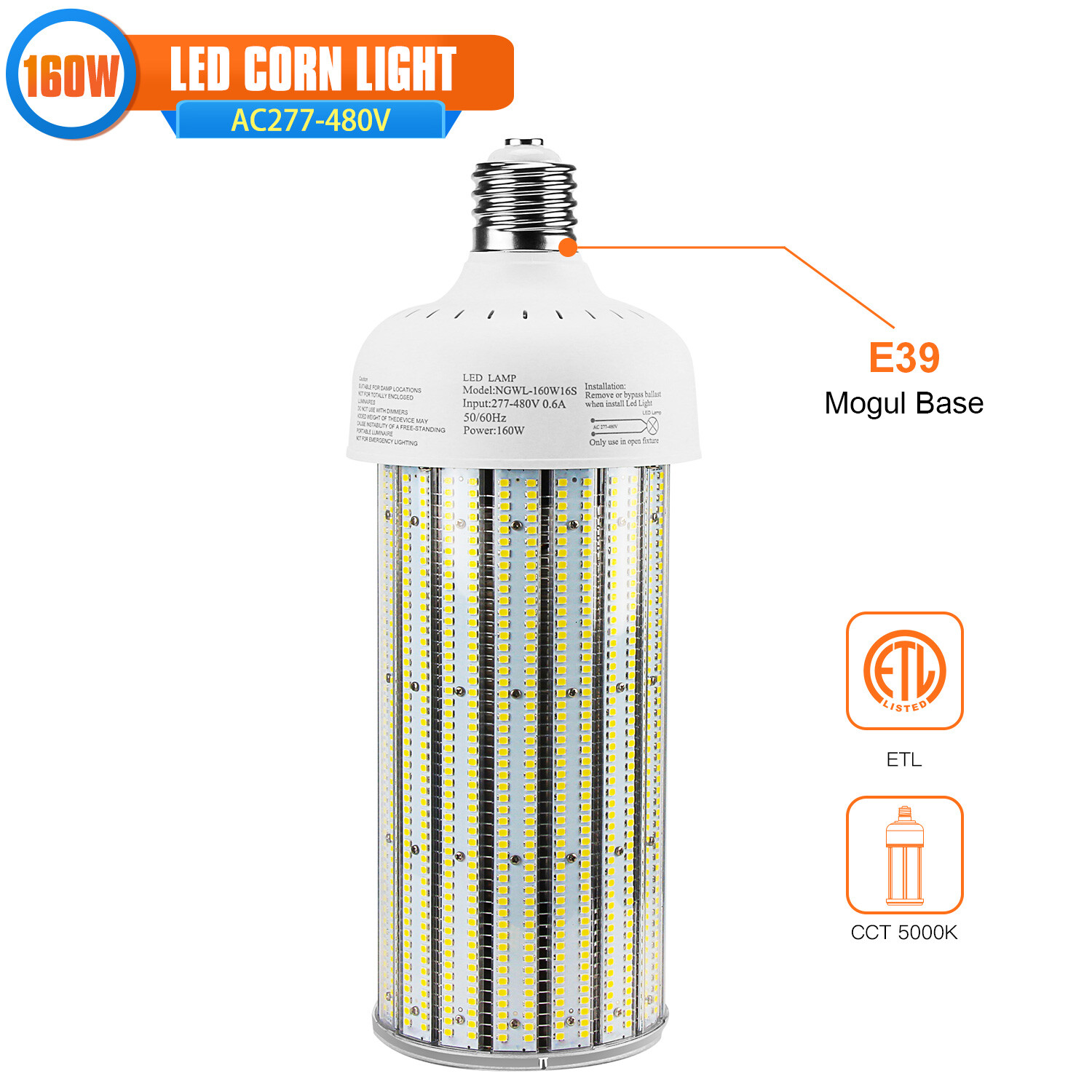 480V LED Corn Cob Light Bulb 160W E39 Base Industrial Warehouse Shop ...