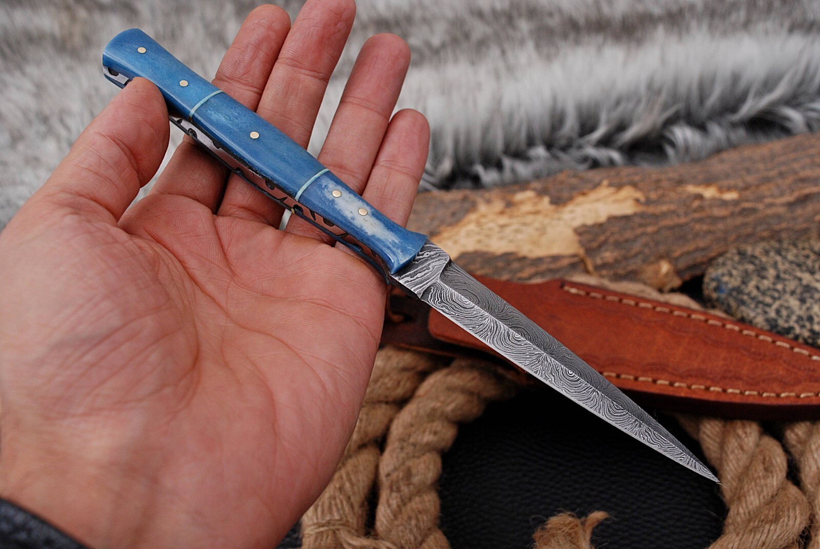 10" TACTICAL HUNTING FIXED DAGGER BLADE DAMASCUS STEEL KNIFE CAMEL BONE ...