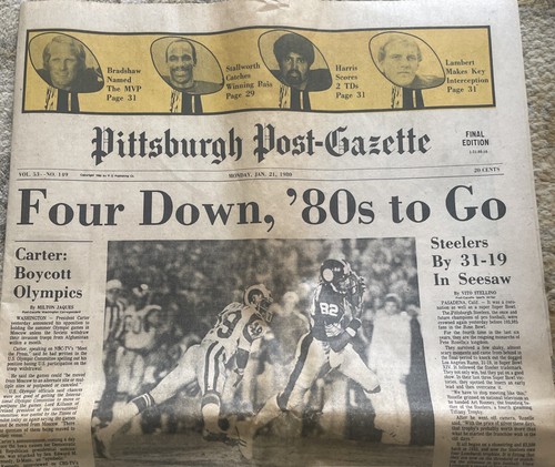 Pittsburgh Post Gazette Jan 21 1980 Pittsburgh Steelers Win 4th Super ...