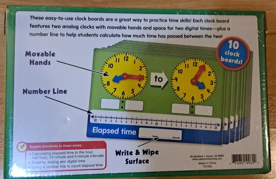 LakeShore Elapsed Time Write and Wipe Boards Time Skills Factory Sealed ...