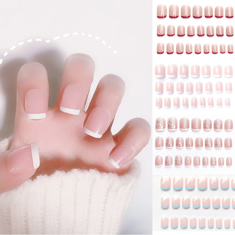 48Pcs Fake Nails Short Square Ballerina French Press On Glue Gel Nails ...