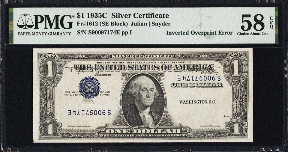 1935-C $1 Silver Certificate INVERTED PRINTING ERROR UNC 58 PMG SUPER ...