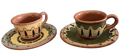 2 Sets Troyan Pottery Bulgaria Terracotta Espresso Cups & Saucers Slip ...