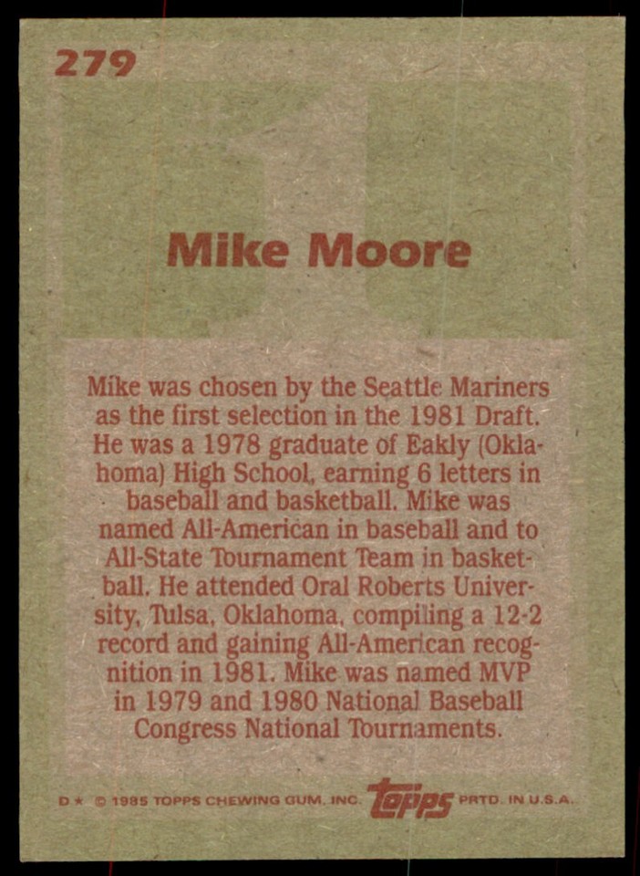 1985 TOPPS MIKE MOORE SEATTLE MARINERS #279 | eBay