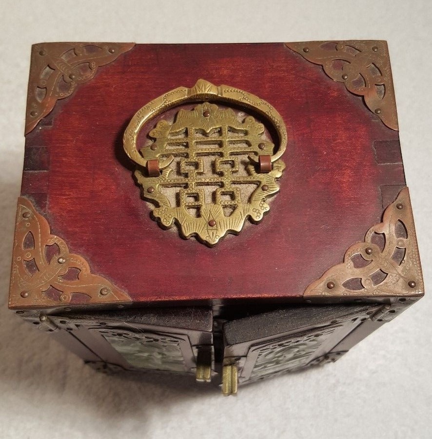 VTG Oriental Chinese Wood Jewelry Box with Brass & Ornate carved Jade ...