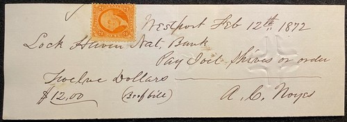 1872 **LOCK HAVEN NATIONAL BANK** WESTPORT, PA. $12 DOCUMENT+SCOTT# R15 ...