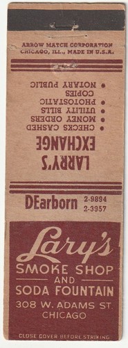 MATCHBOOK COVER - LARRY'S SMOKE SHOP & SODA FOUNTAIN CHICAGO ILLINOIS ...
