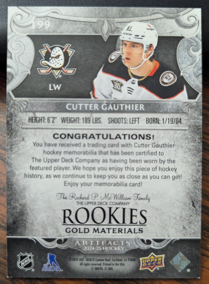 2024-25 Upper Deck Artifacts Cutter Gauthier #199 Gold Rookie Dual ...