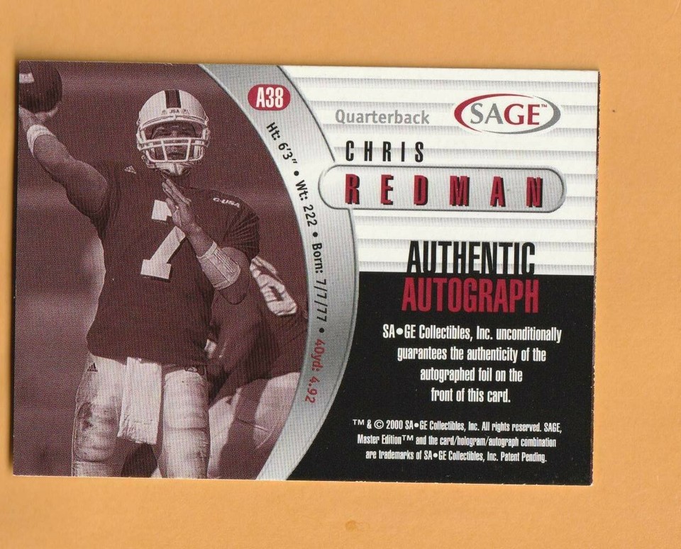 Chris Redman Louisville Cardinals AUTO 2000 Sage /999 3Q | eBay