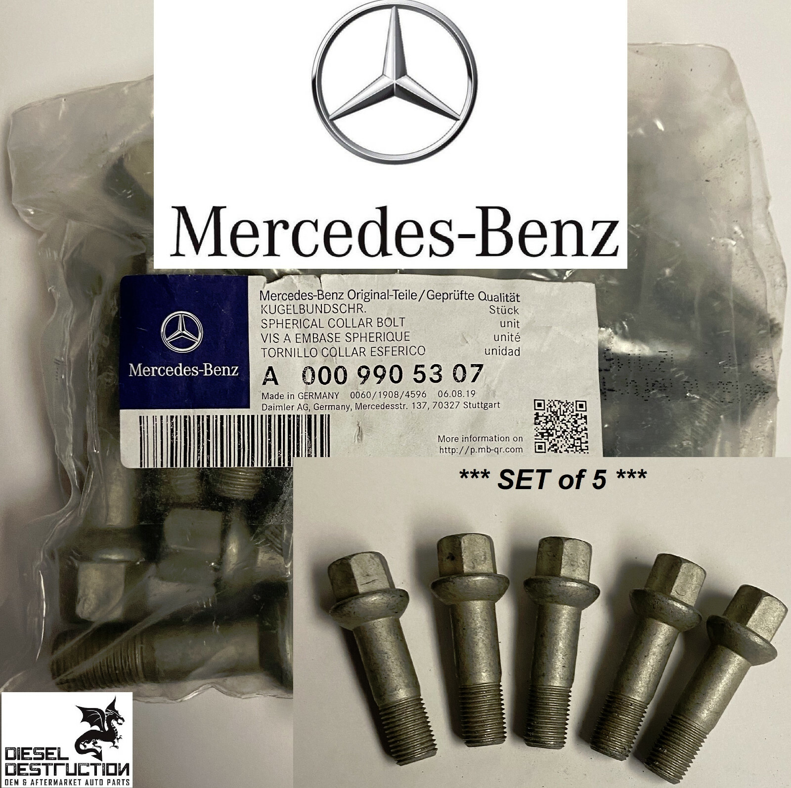Set of 5 Genuine Mercedes Benz Wheel Bolts OEM# 000-990-53-07 Made in ...