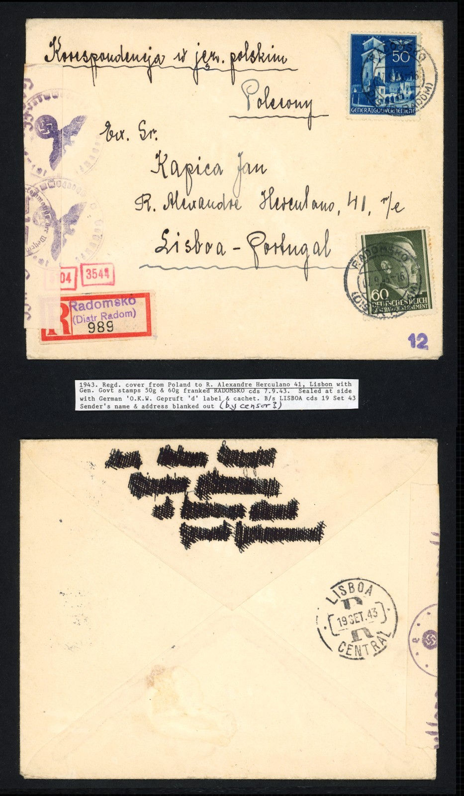 1943 Germany Occ Poland Cover To Portugal 1.10zl Gen Gov Blanked ...