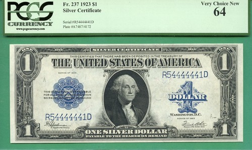 FANCY SERIAL - SIX 4s IN A ROW - R 54444441 D - 1923 $1 SC - PCGS CU 64 ...