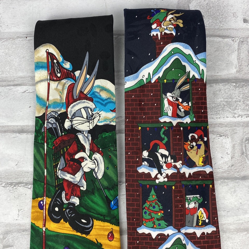 Looney Tunes Christmas Tie Necktie Lot of 2 Bugs Bunny Golf Taz Tweety ...
